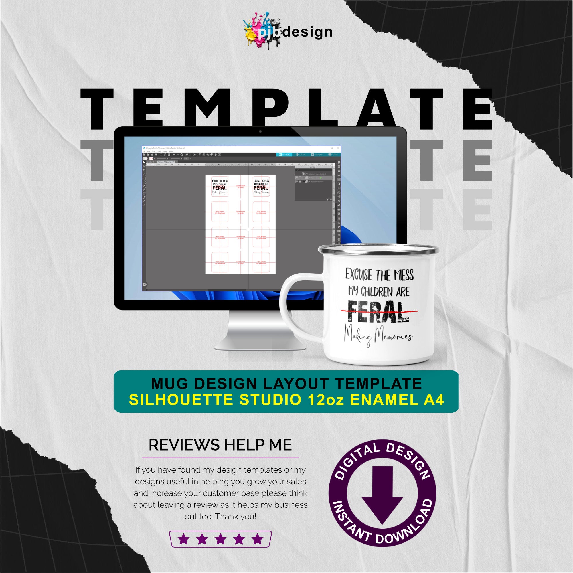 Silhouette Studio 12oz Enamel Mug Layout Design Template - 4 Wraps A4 ...