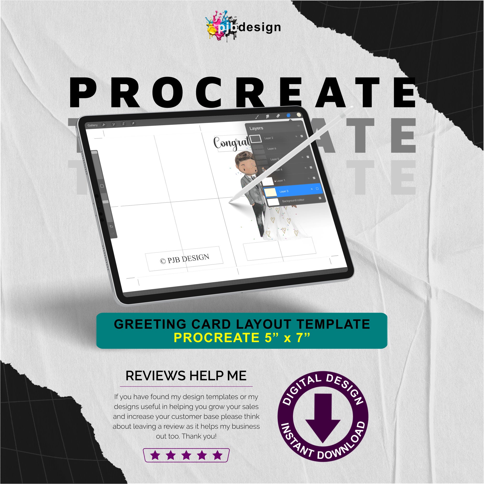 Procreate 5x7 Greetings Card Layout Design Template - A4 Page Card Lay ...